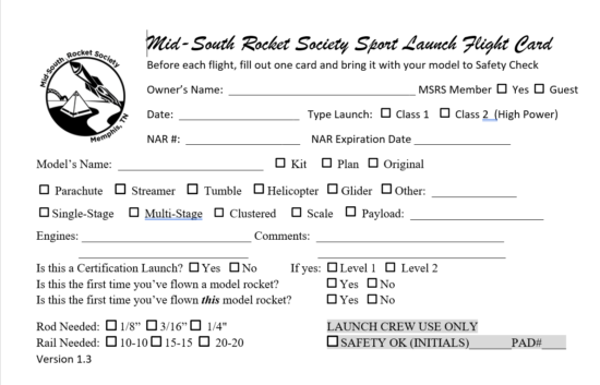 Class 2 Launch Calendar | Mid South Rocket Society